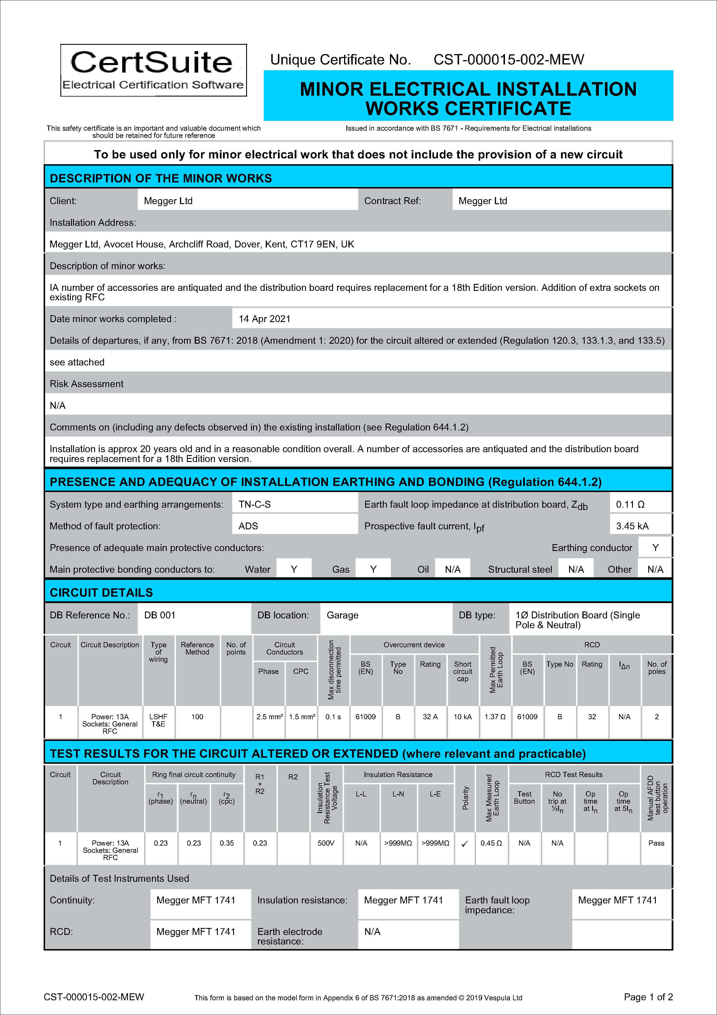 Electrical Installation Test Certificate Template